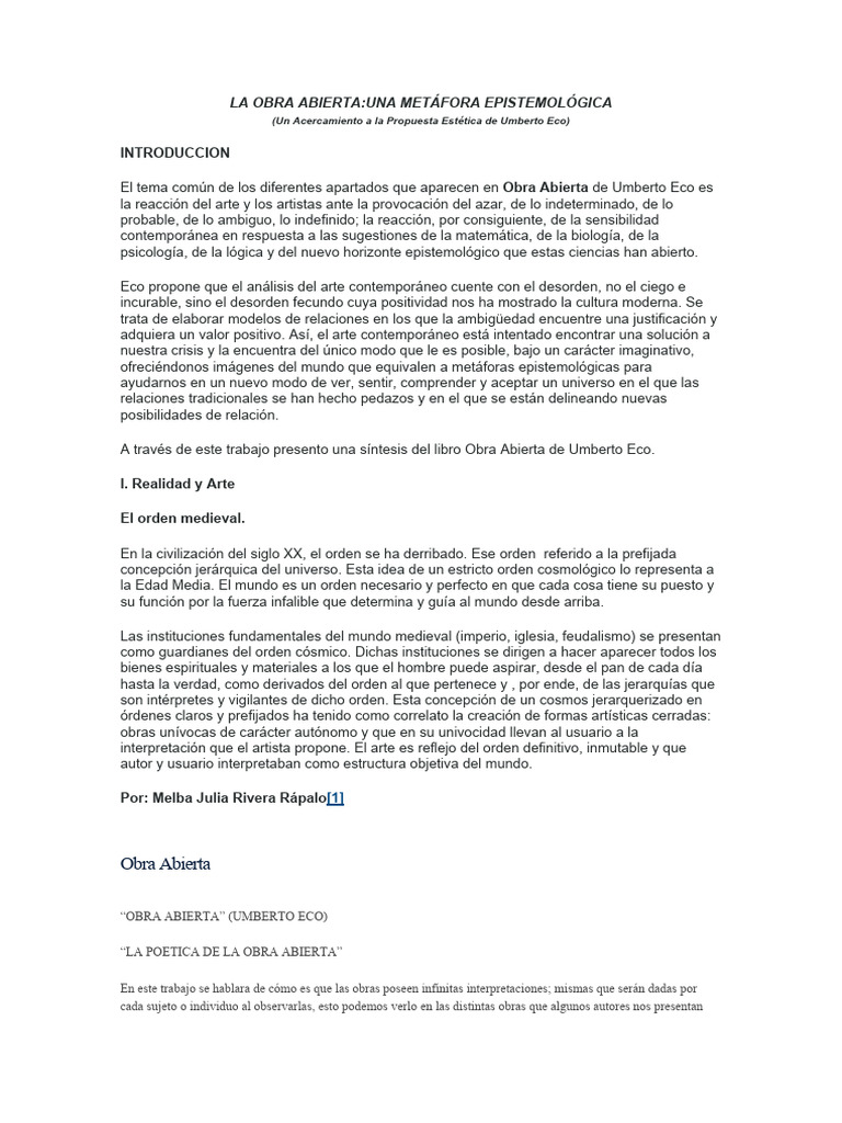 La Poética de la Obra Abierta de Eco | PDF | Estética | Experiencia