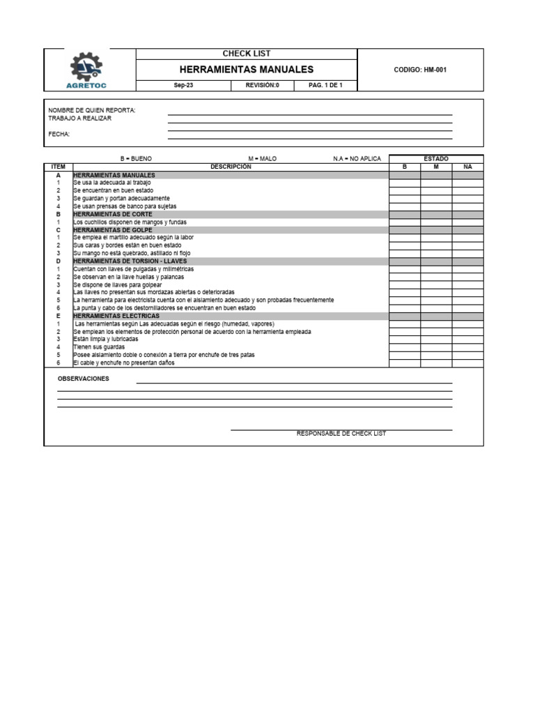Check List Herramientas Manuales | PDF Check List Herramientas Manuales | PDF