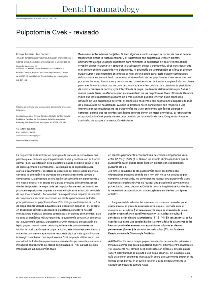 Pulpotomía Cvek: Factores y Pronóstico | PDF | Odontología | Lesión