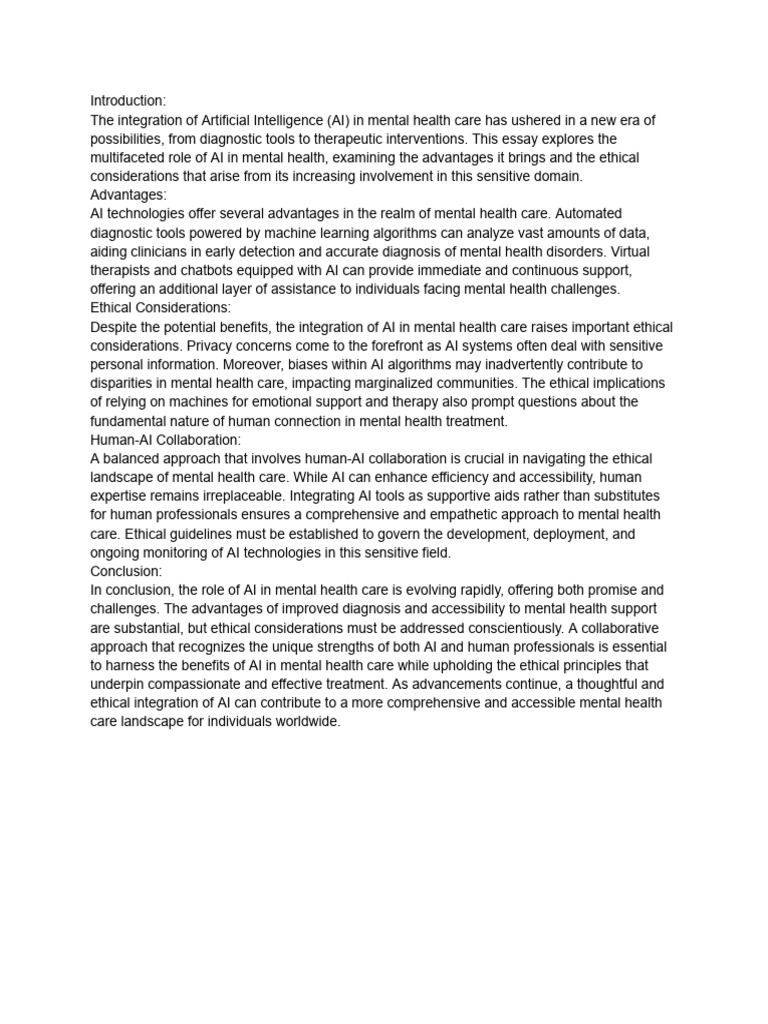 The Role of Artificial Intelligence in Mental Health Care | PDF ...