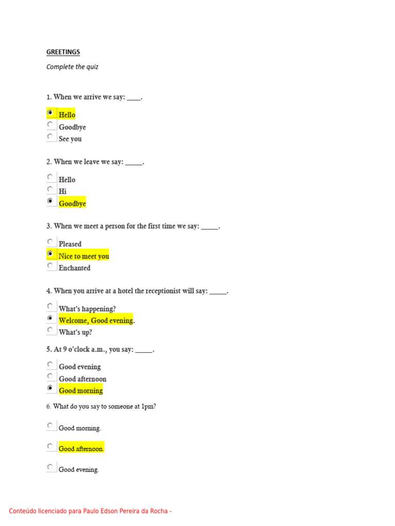 English Greetings Quiz | PDF