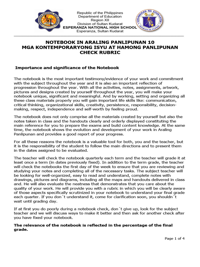 Rubric in Checking Notebook | PDF | Notebook | Rubric (Academic)