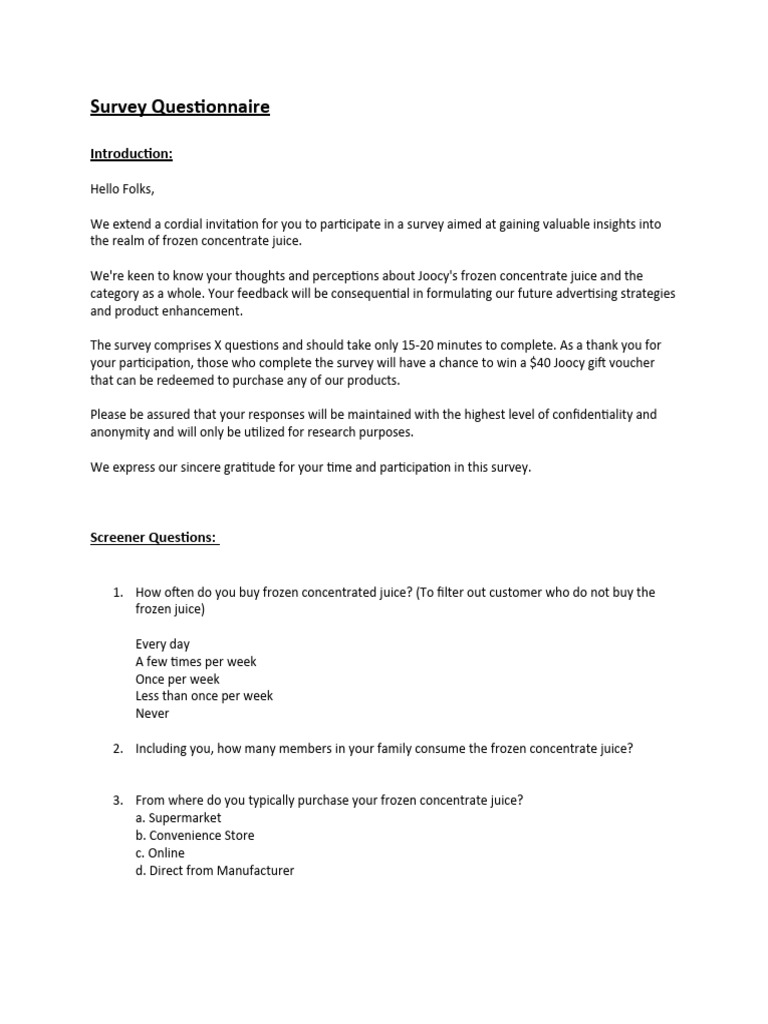 Joocy - Survey Questionnaire Draft | PDF | Brand | Economies