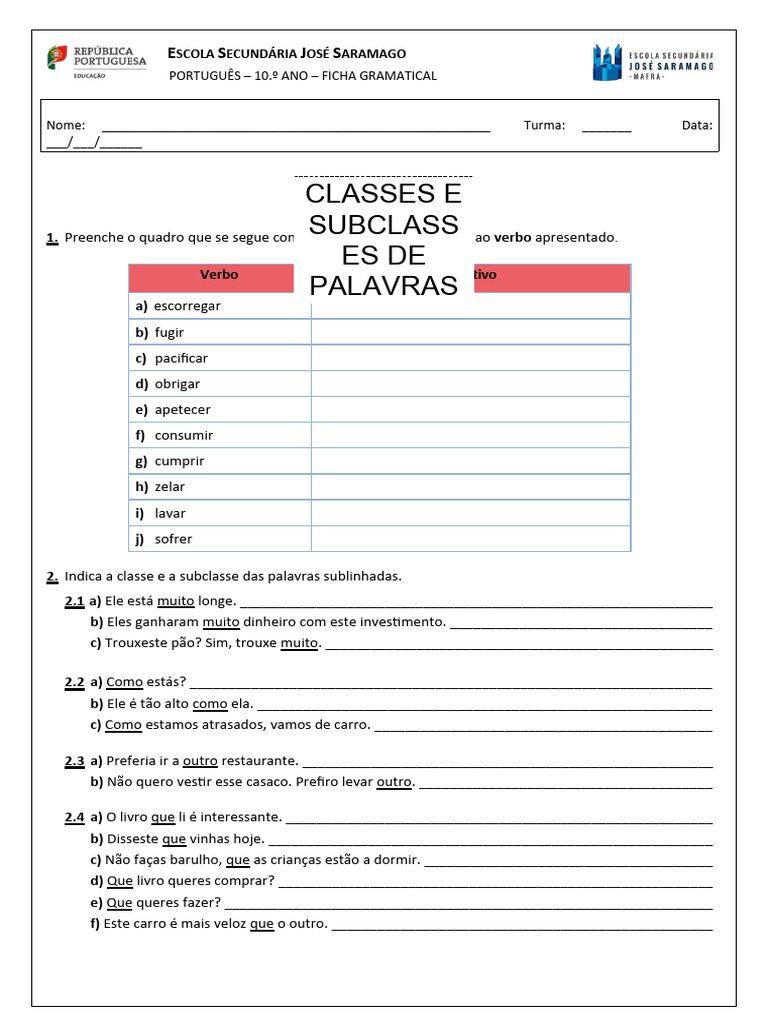 4 - Ficha Classes e Subclasses Palavras | PDF | Pronome | Famílias linguísticas