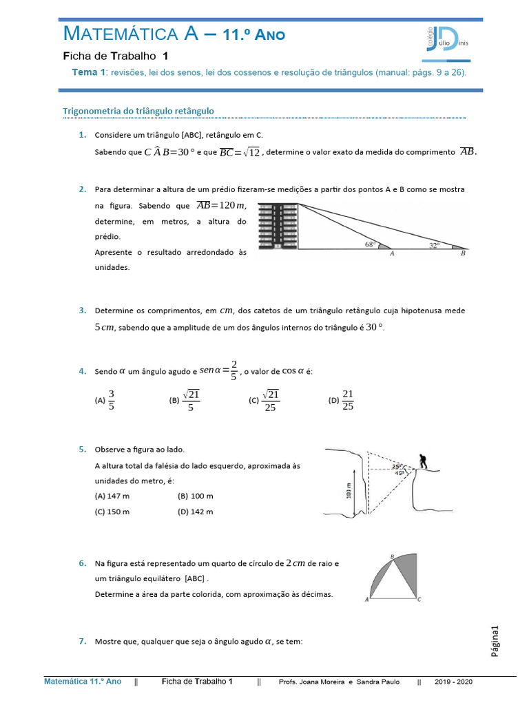 Ficha de Trabalho 1 | PDF | Triângulo | Formas geométricas