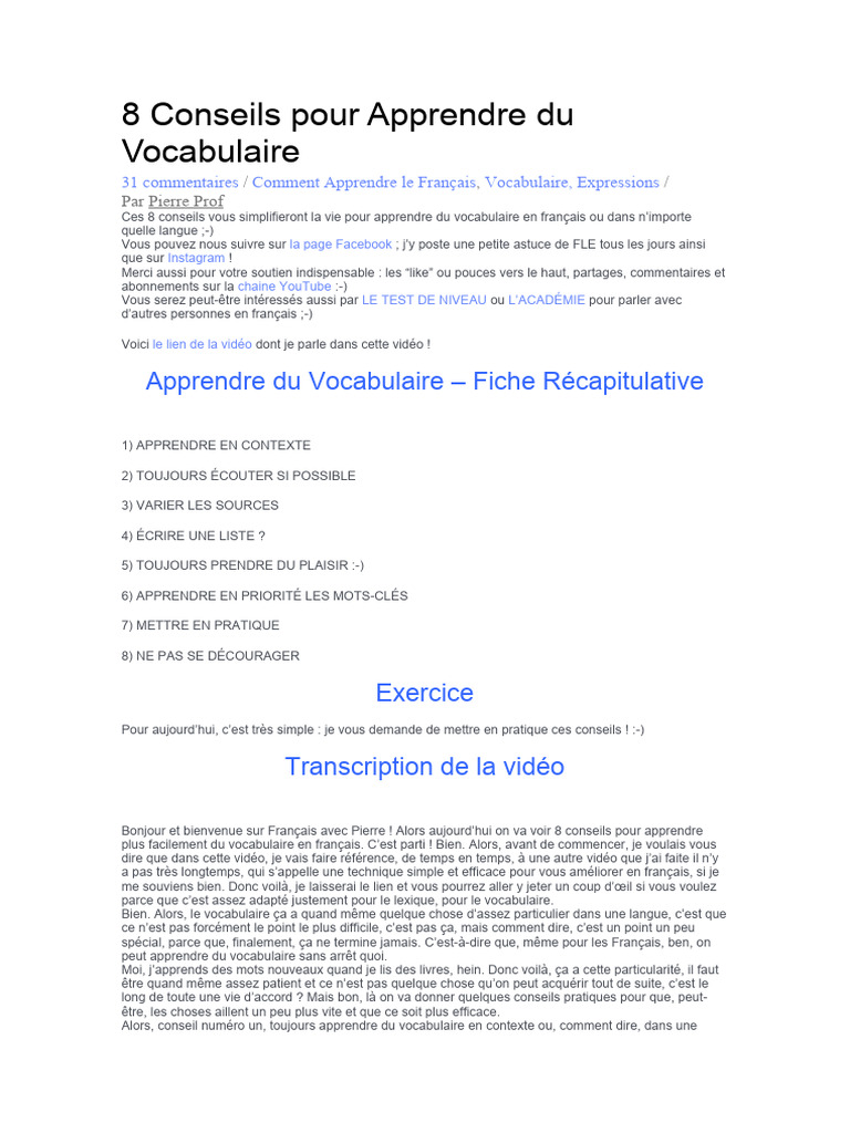 8 Conseils pour Apprendre le Vocabulaire | PDF | Lexique | Genre ...
