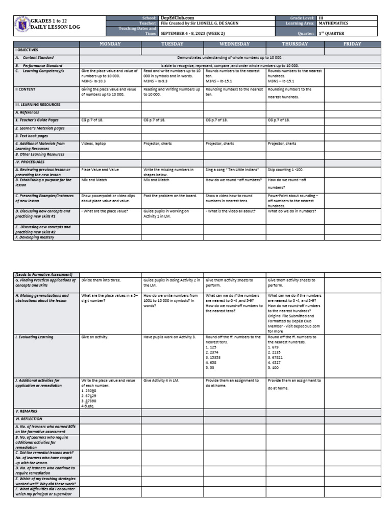 DLL - Mathematics 3 - Q1 - W2 | PDF | Learning | Cognitive Science