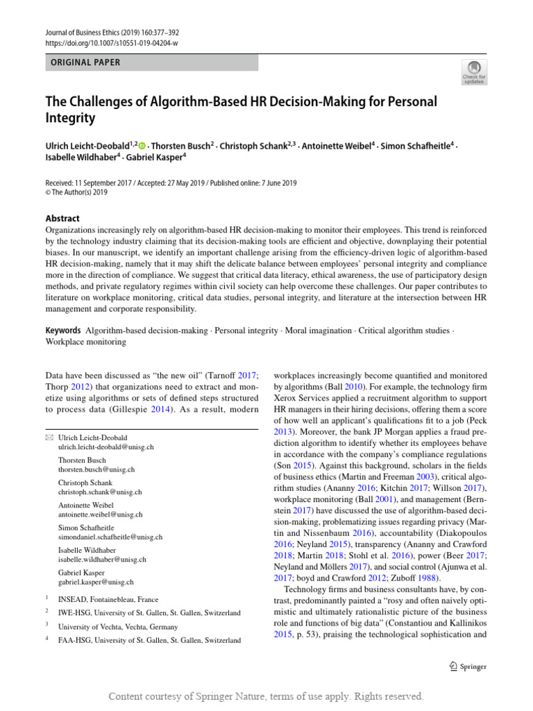 The Challenges of Algorithm-Based HR Decision-Maki | PDF | Predictive Analytics | Integrity