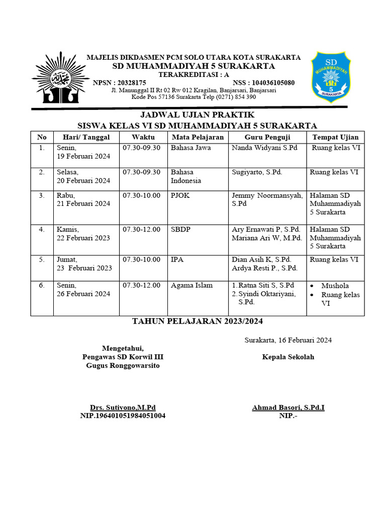 Jadwal Ujian Praktik Kelas VI | PDF