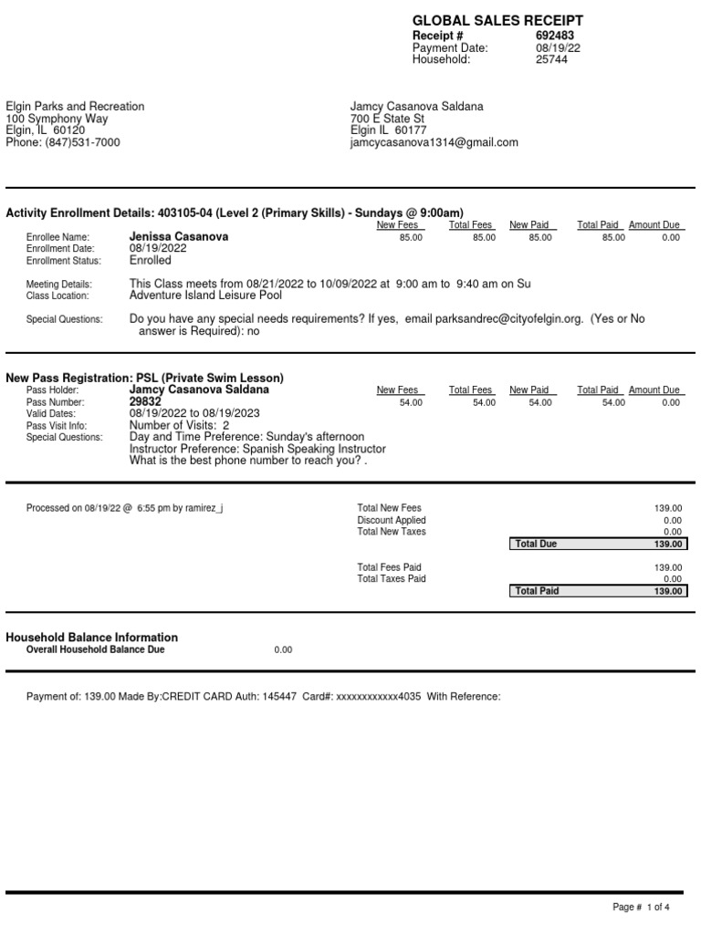 Elgin Parks Swim Lesson Receipt | PDF | Indemnity | Fee