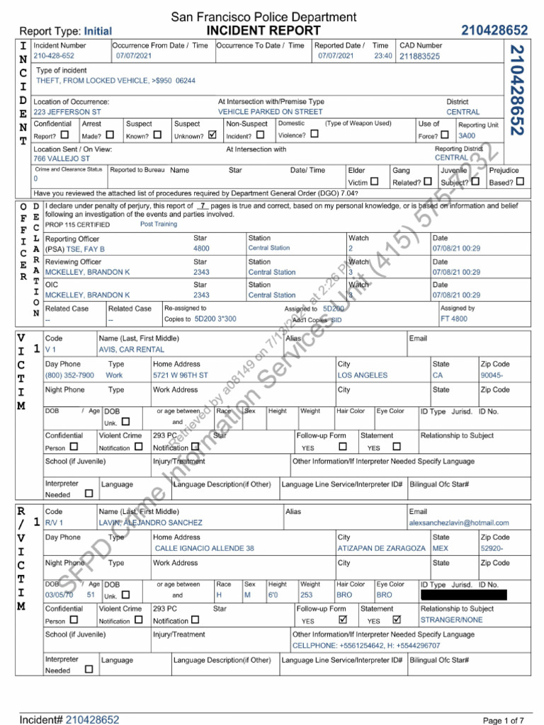 San Francisco Theft Incident Report | PDF | Arrest Warrant | Law ...