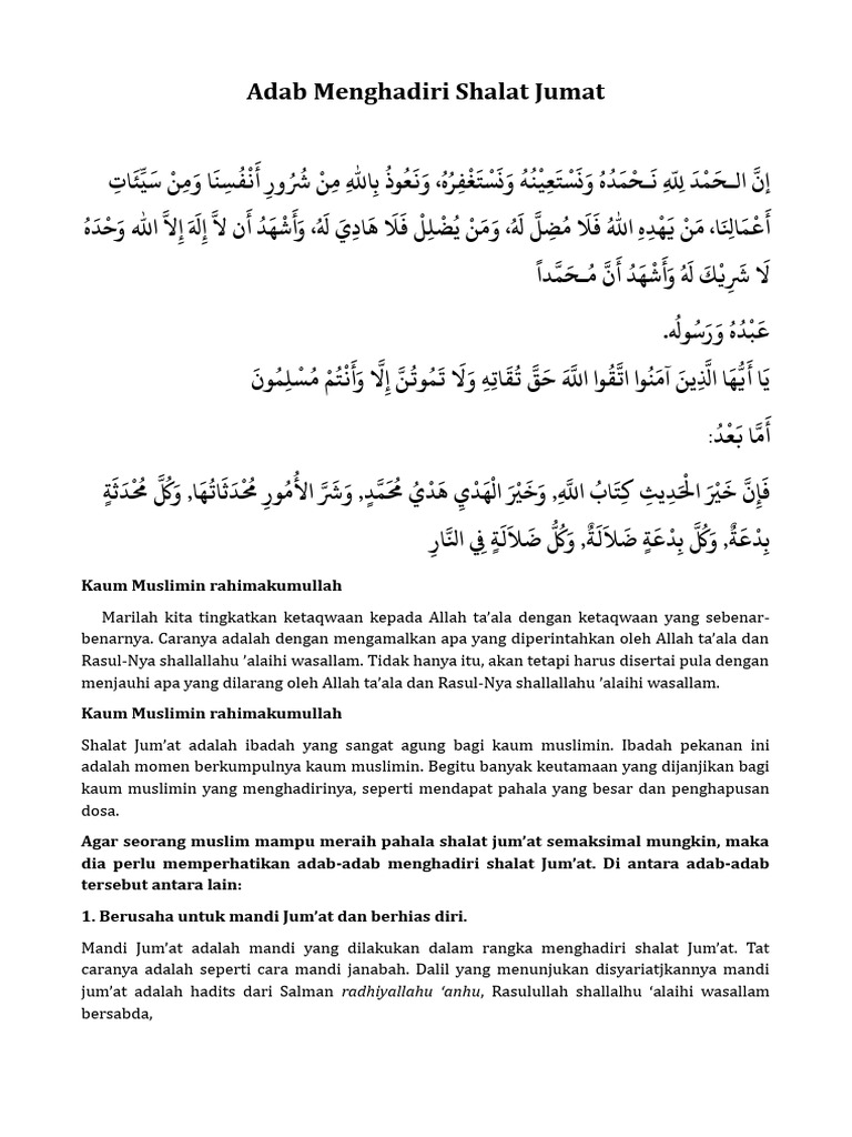 5. Khutbah Jumat - Adab Menghadiri Shalat Jumat | PDF