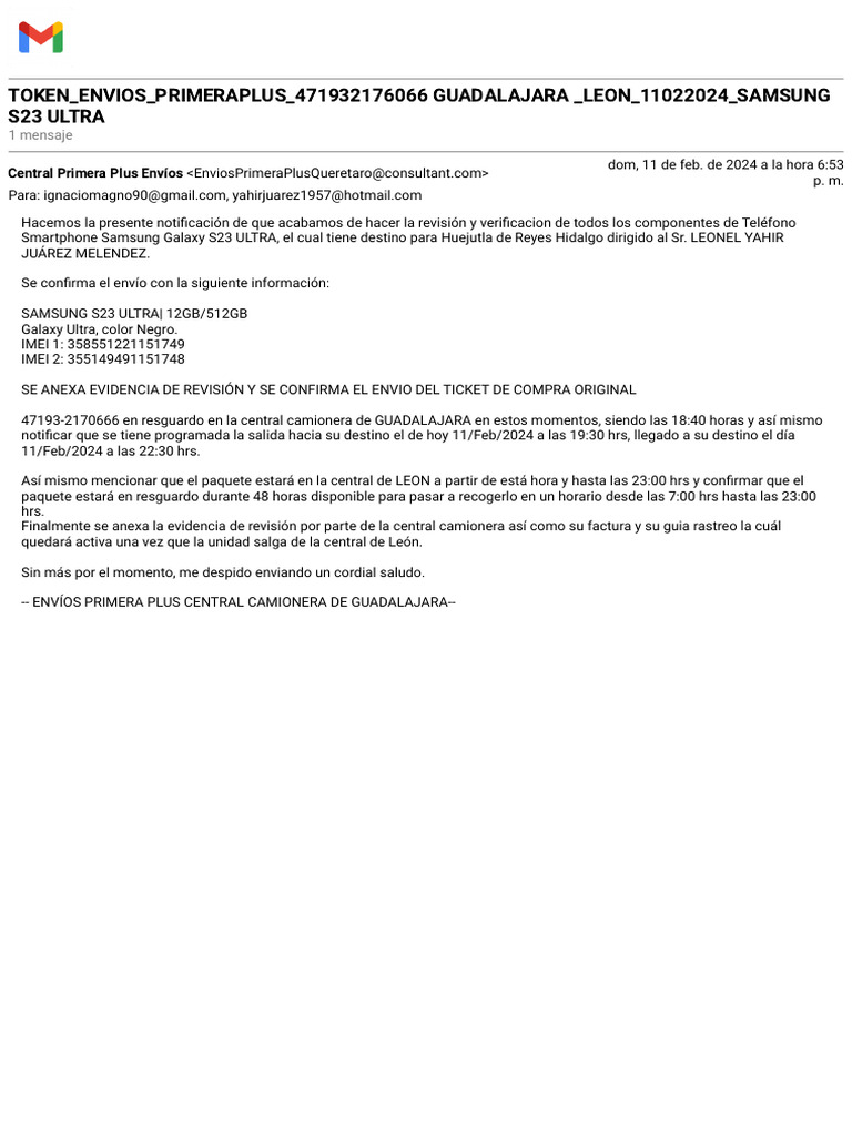 Gmail - Token Envios Primeraplus 471932176066 Guadalajara Leon 11022024 ...