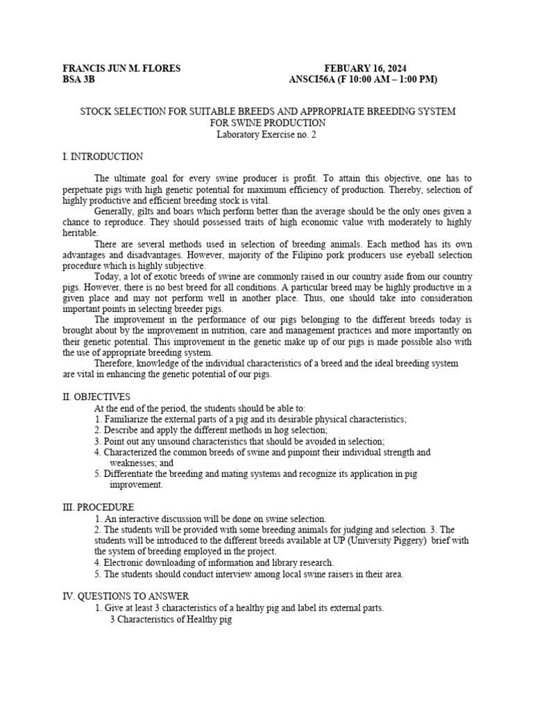 Swine Breeding Stock Selection Guide | PDF