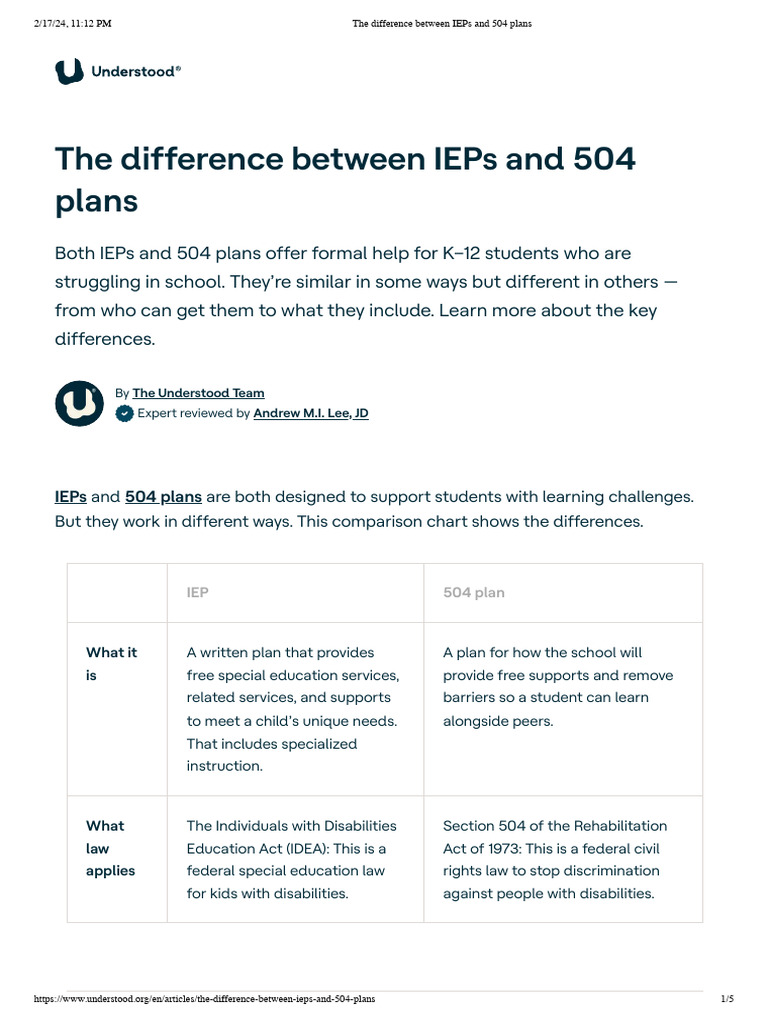 IEP vs 504 Plan: Key Differences Explained | PDF | Individualized ...