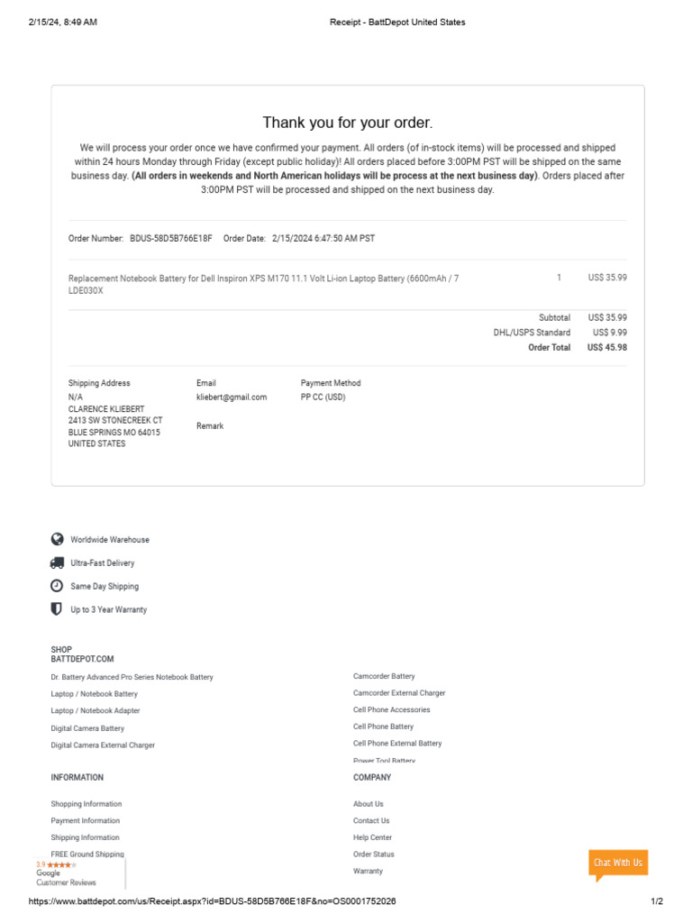 BattDepot Order Receipt - 2/15/24 | PDF | Laptop | Battery Charger