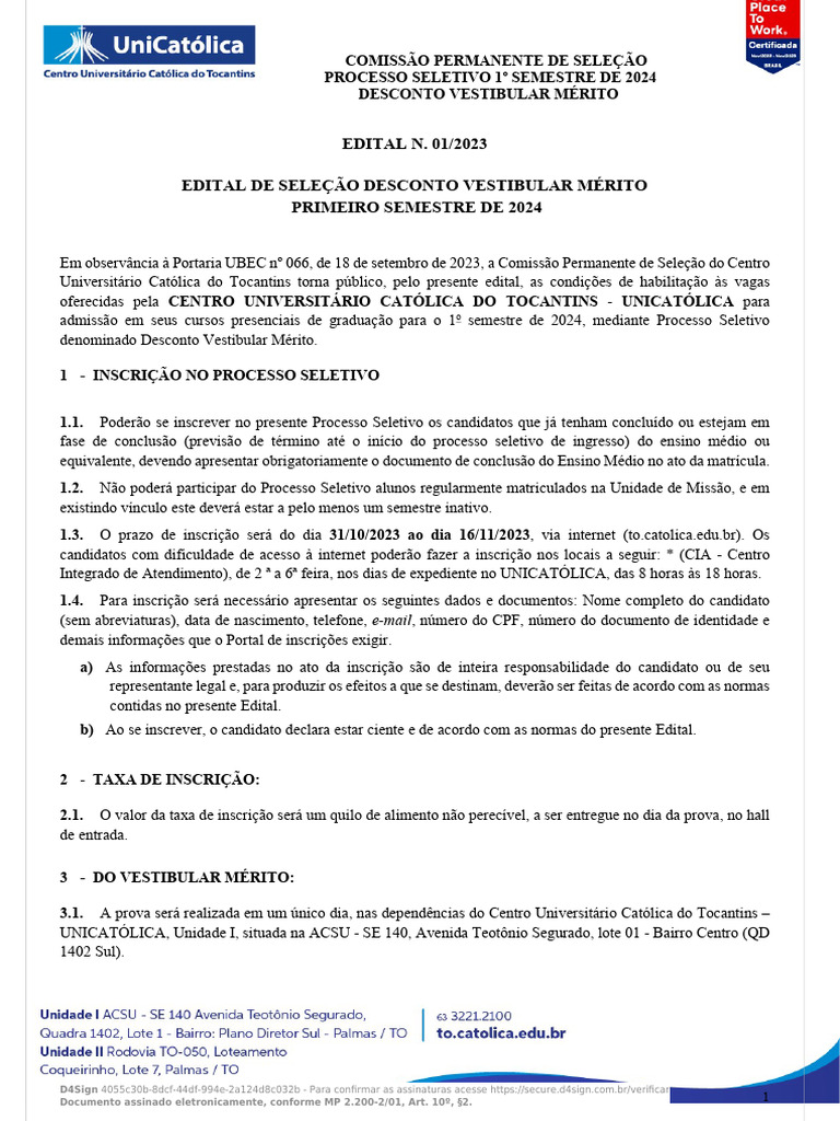 Edital No 01 2023 Vestibular Desconto Merito 2024 1 Unicatolica | PDF Edital No 01 2023 Vestibular Desconto Merito 2024 1 Unicatolica | PDF