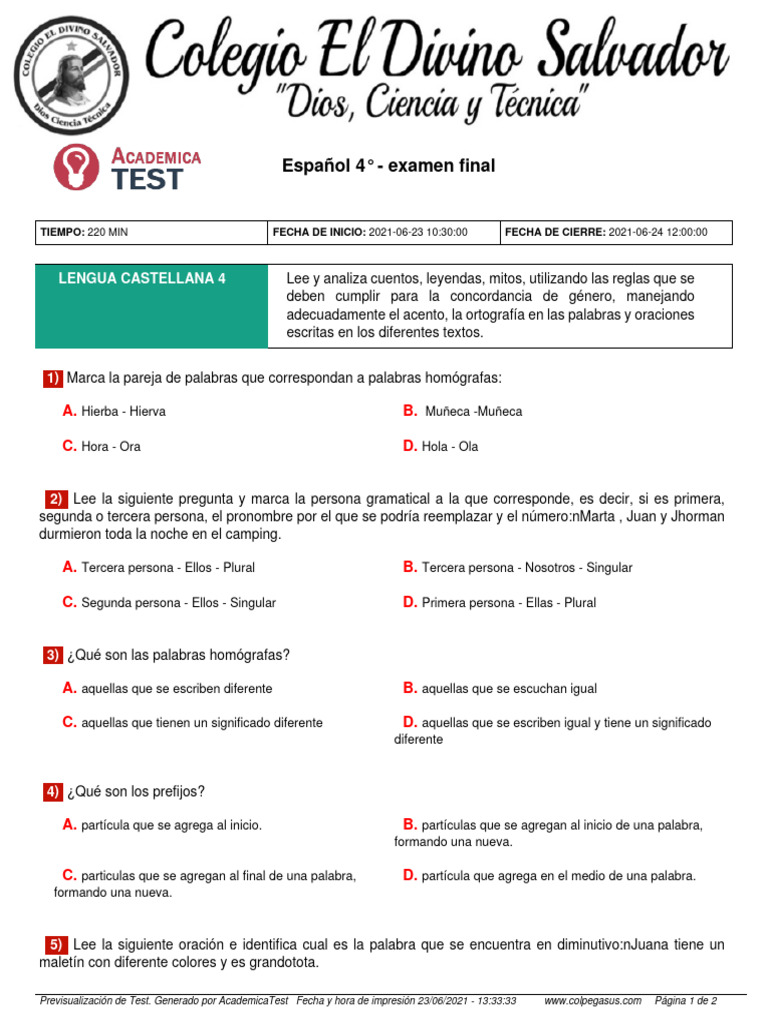 Español 4 - Examen Final | PDF | Palabra | Plural