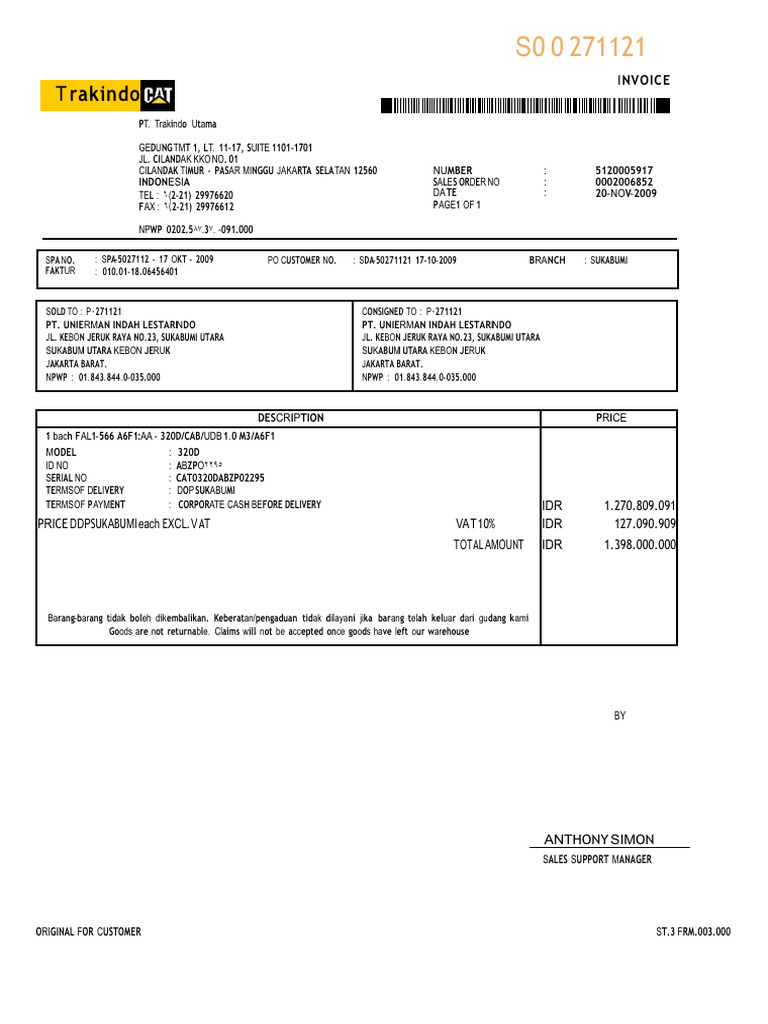 Invoice Trakindo CAT 320D An BPK Sudirman | PDF