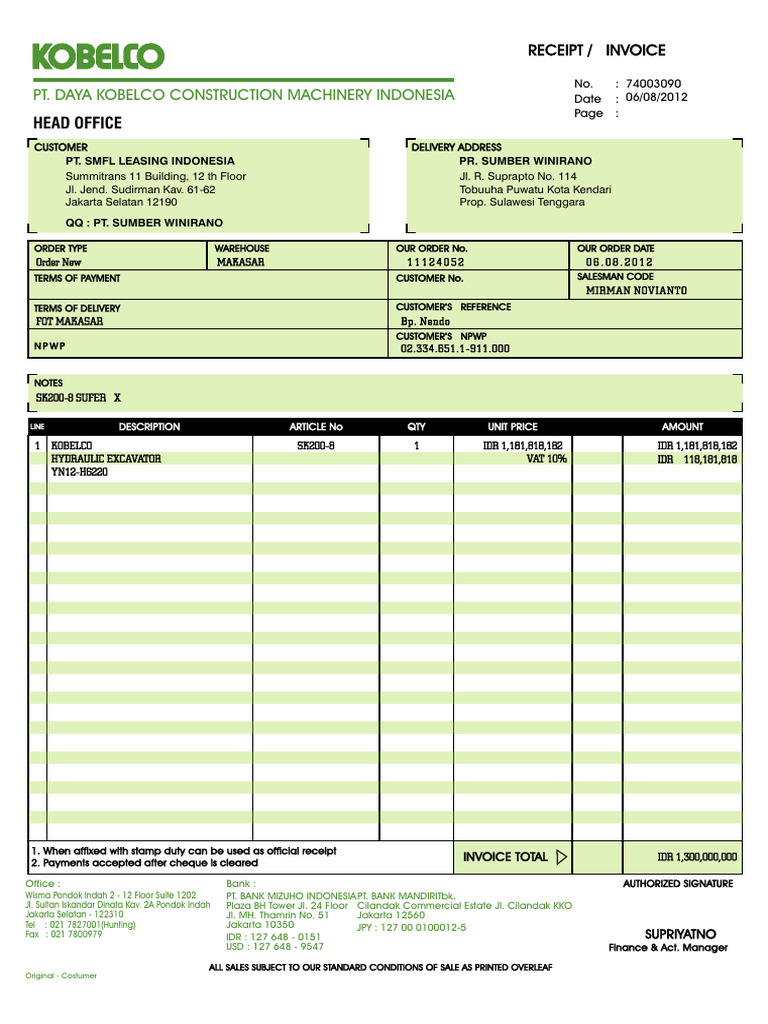 Invoice Kobelco FIX 12 | PDF | Legal Liability | Receipt