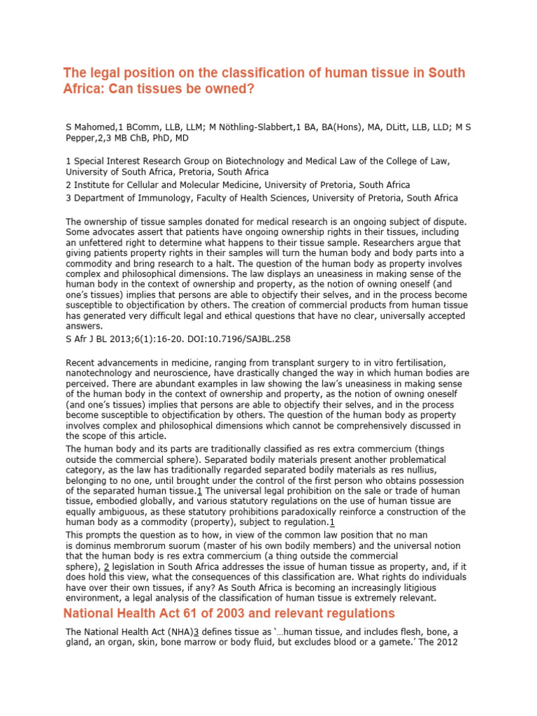 The Legal Position On The Classification of Human Tissue in South ...