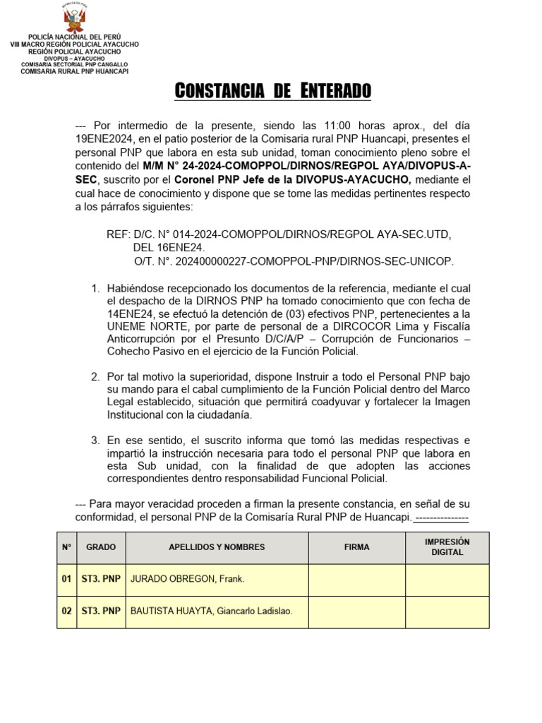 Constancia de Enterado Del Personal PNP | PDF | Abusos de derechos ...