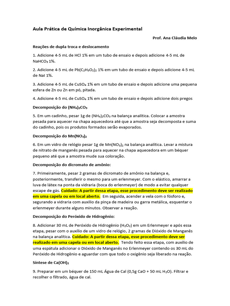 1 Aula Prática de QIE - 2023.1 | PDF | Reações químicas | Manganês