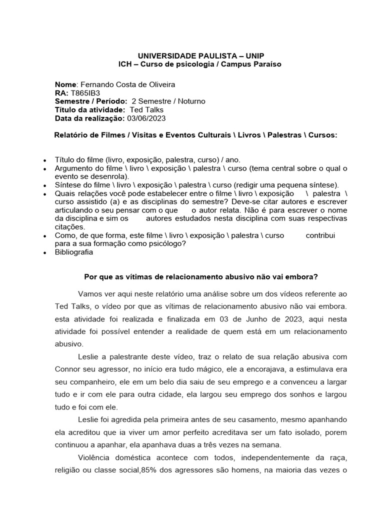 Atividade Complementar - Ted Talks | Download grátis PDF | Violência doméstica | Feminismo