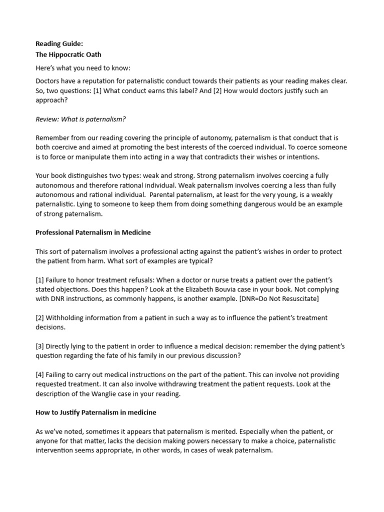 Medical Paternalism and The Hippocratic Oath | PDF | Autonomy
