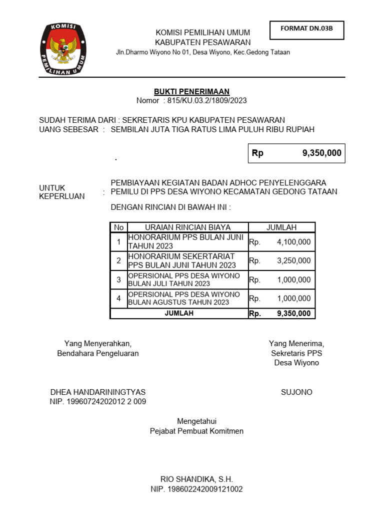 Format Dn.03.b Bukti Penerimaan Dana Wiyono | PDF