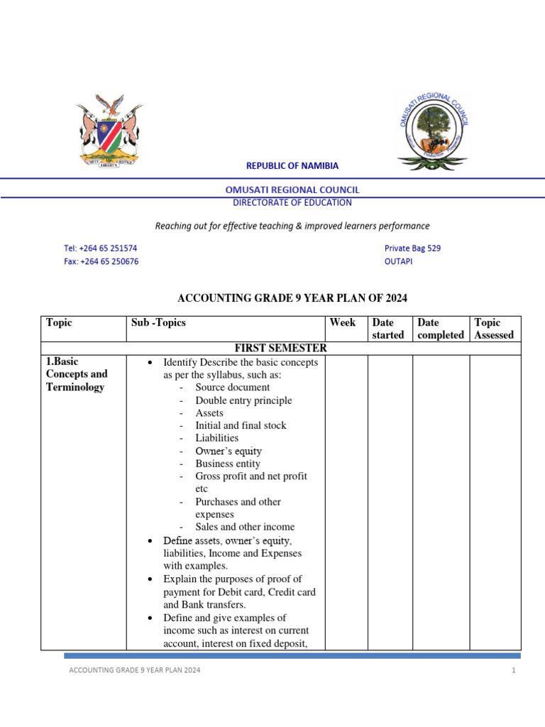 Accounting Grade 9 YEAR PLAN OF 2024 | PDF | Debits And Credits | Money