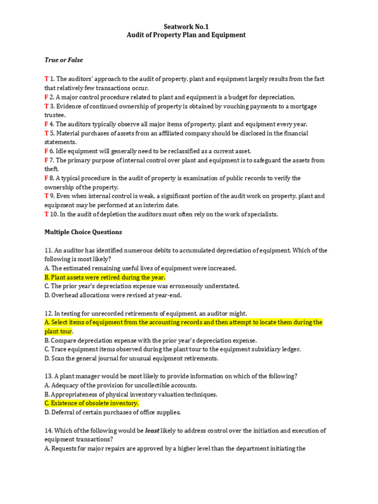 Seatwork No.1 PPE WITH ANSWERS | PDF | Audit | Depreciation