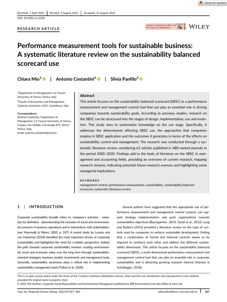 Corp Soc Responsibility Env - 2021 - Mio - Performance Measurement Tools For Sustainable ...