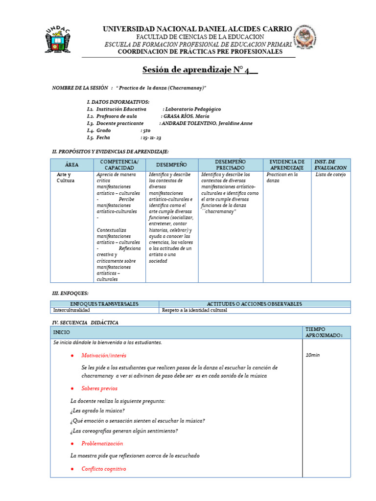 ESQUEMA DE SESION DE APRENDIZAJE Proarte | PDF | Maestros | Bailes