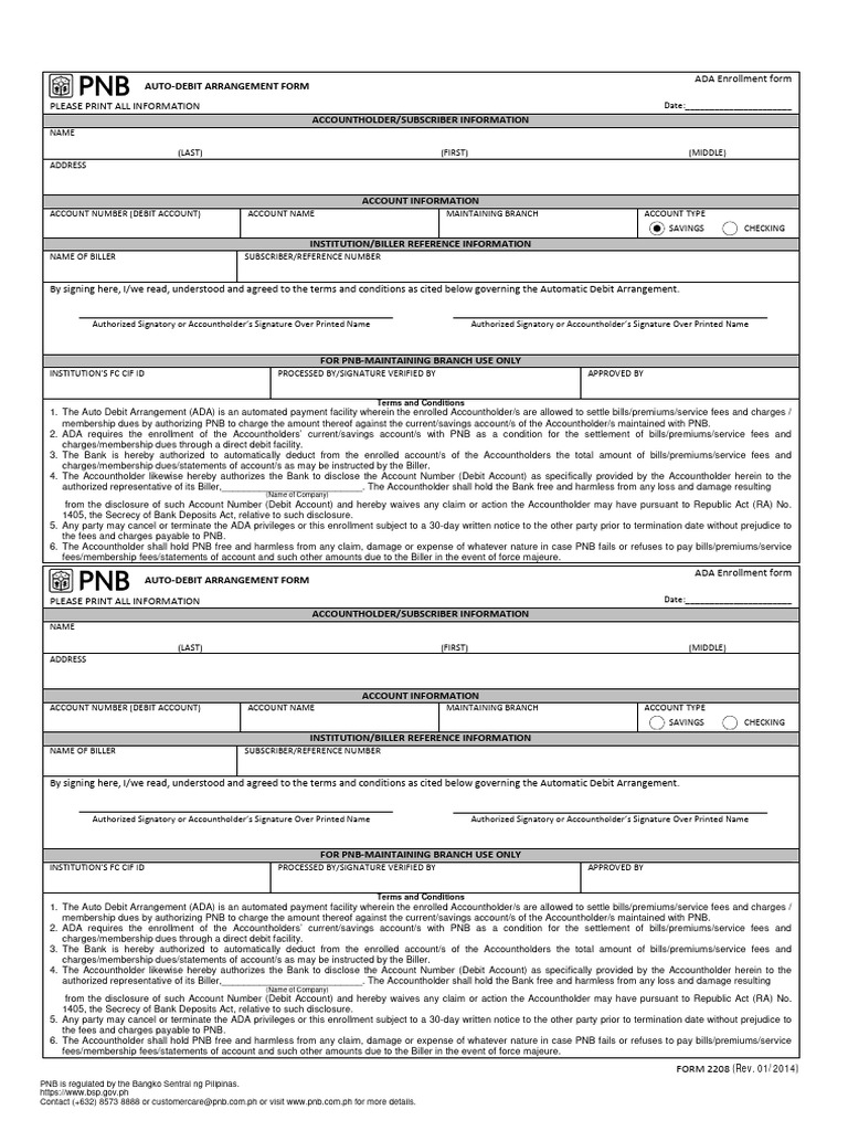 PNB Auto Debit Arrangement Form | PDF | Debit Card | Fee