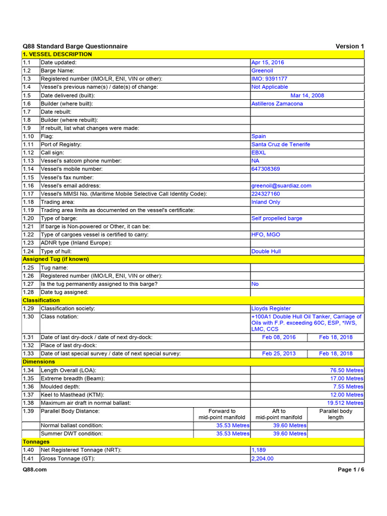 Q88 Standard Barge Questionnaire Details | PDF | Marine Propulsion ...