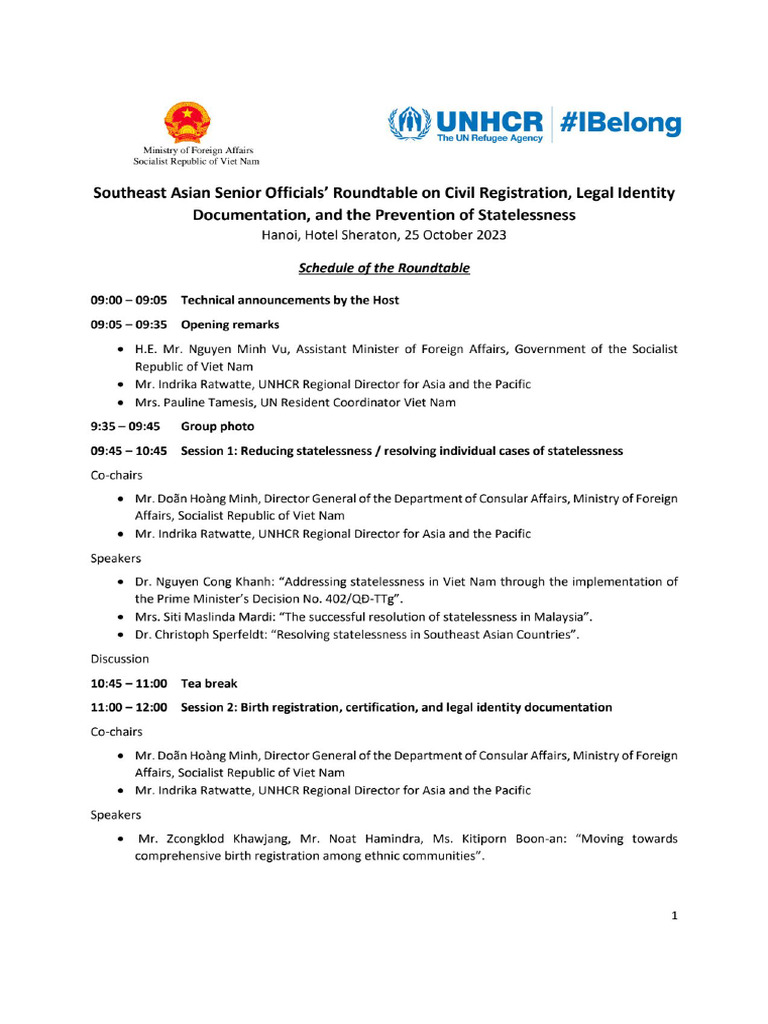 SRV UNHCR SEA Roundtable Statelessness Schedule | PDF