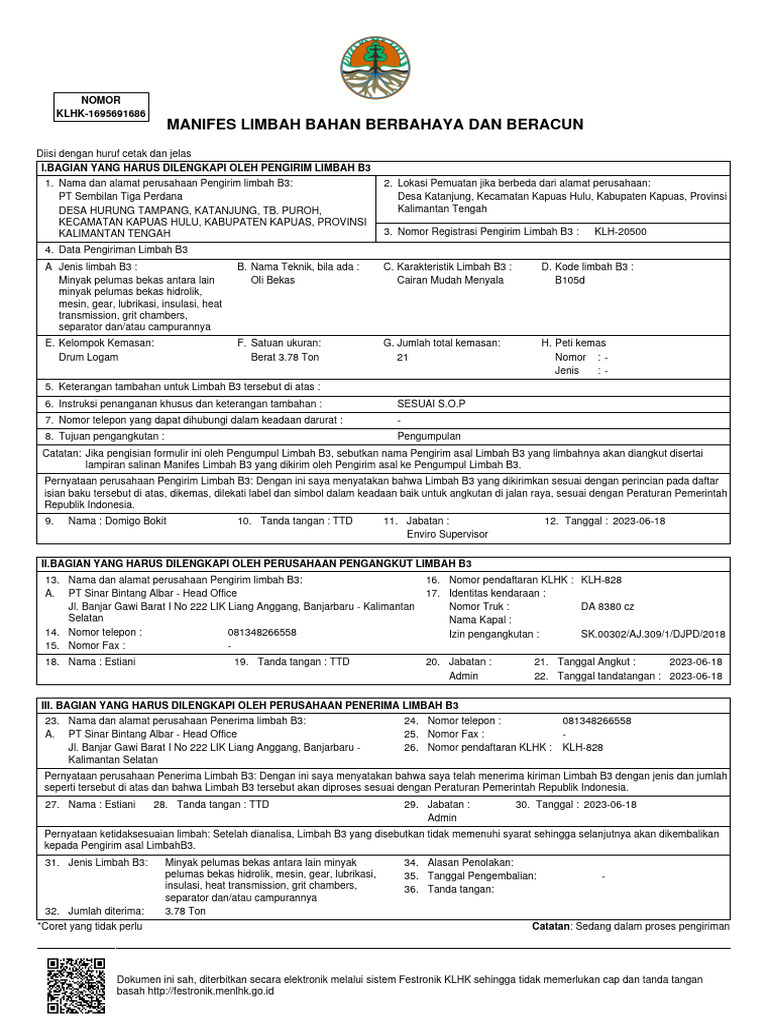 Manifest Limbah b3 (18 Juni 2023) | PDF