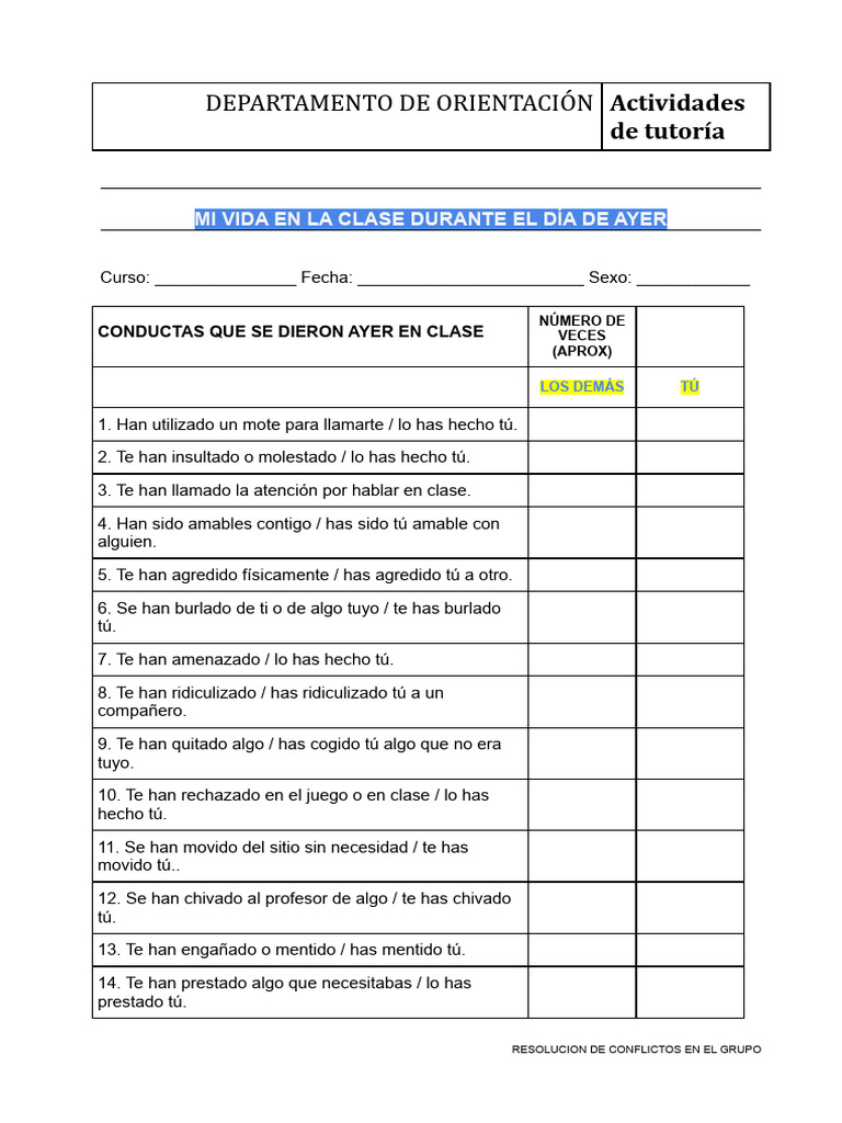 Cuestionario - Mi Vida en Clase Durante El Día de Ayer | PDF | Artes ...