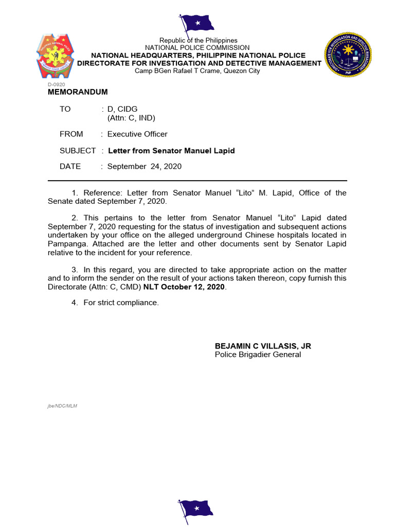 Memo To D, CIDG Re Letter From Manuel Lapid | PDF | Government ...