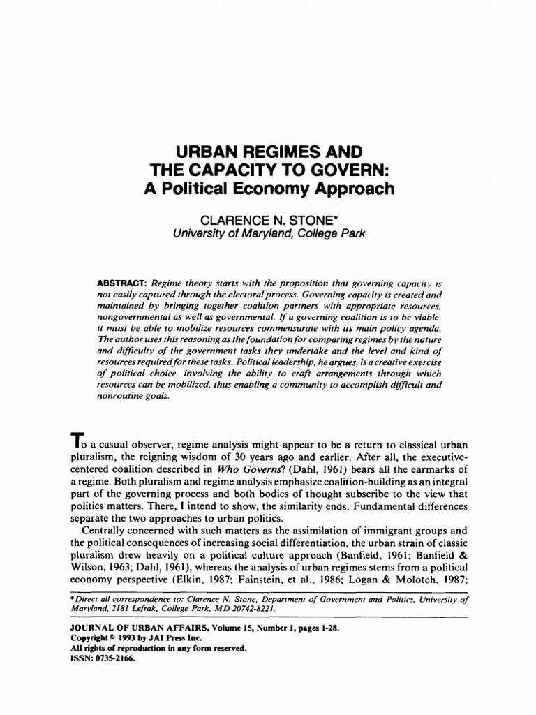 Journal of Urban Affairs - March 1993 - Stone - URBAN REGIMES AND THE ...