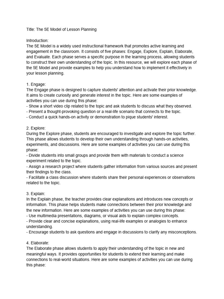 Title - The 5E Model of Lesson Planning | PDF