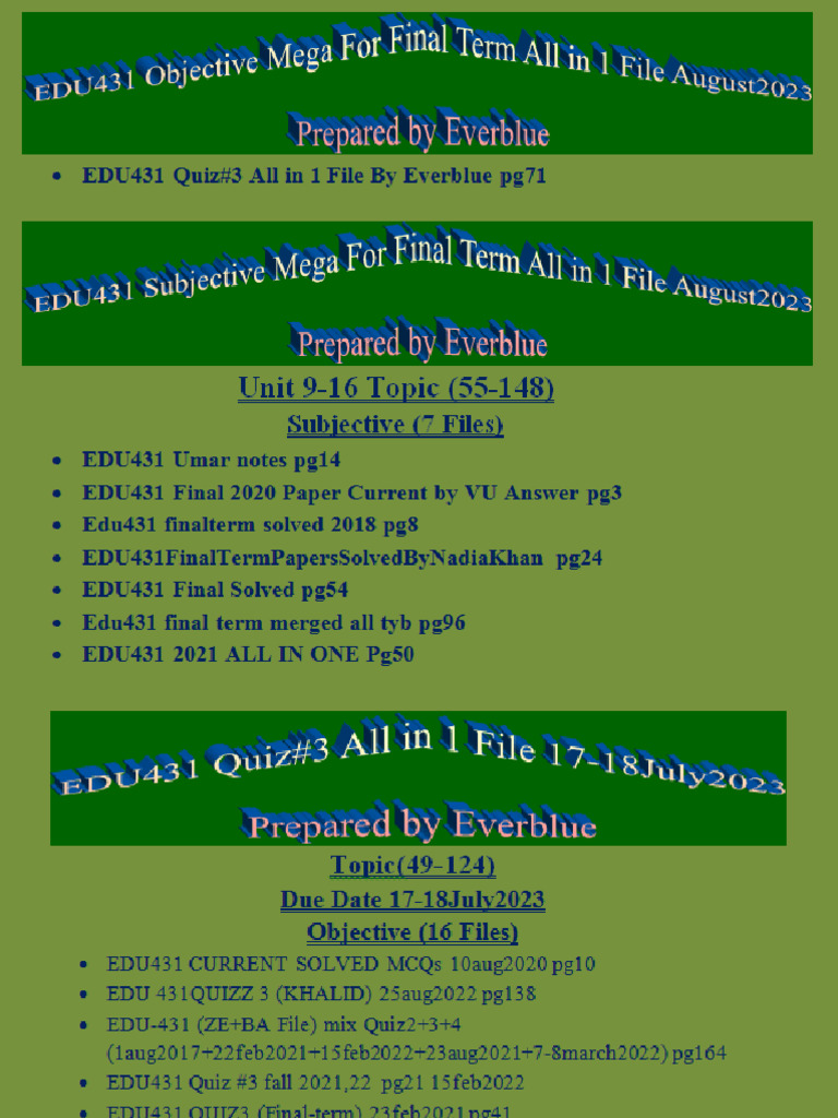 EDU431 Mega For Final Term Obj+Subj All in 1 | PDF | Multiple Choice | Evaluation