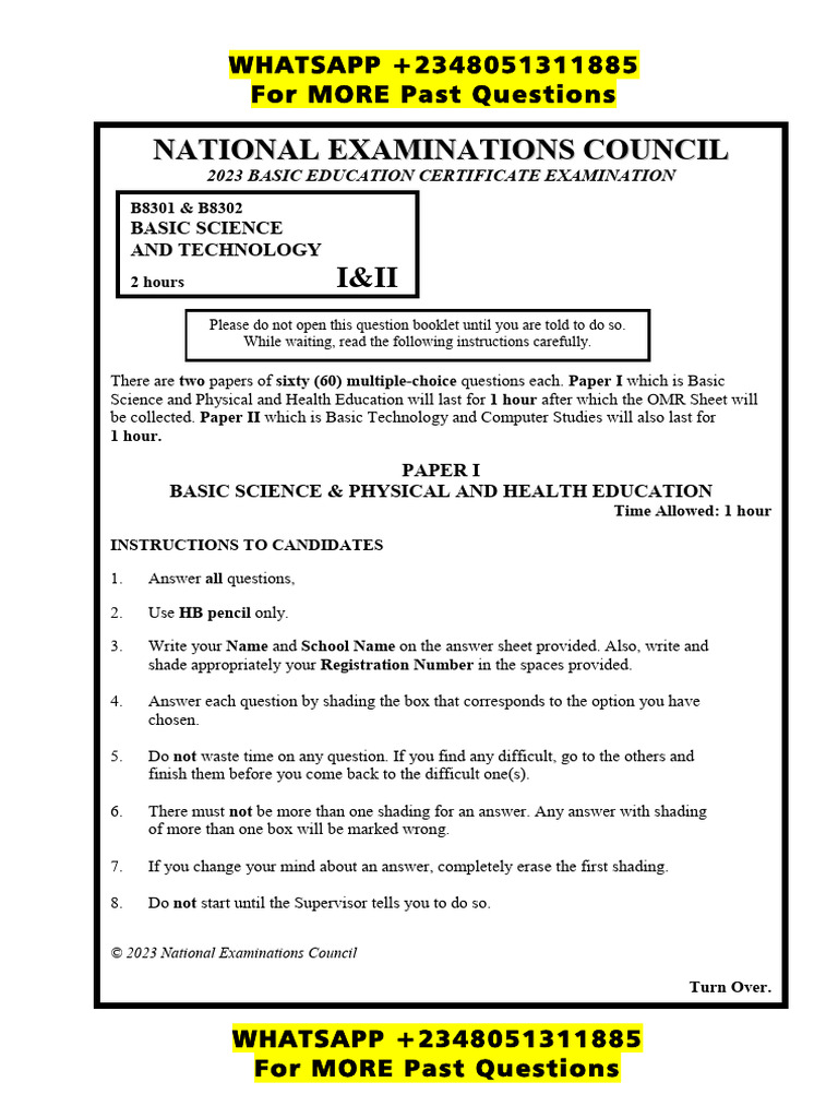 NECO BECE Past Questions On Basic Science and Technology Free ...