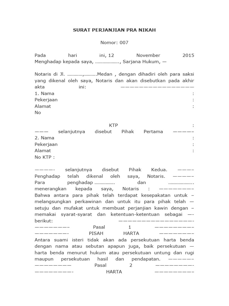 Contoh SURAT PERJANJIAN PRA NIKAH | PDF