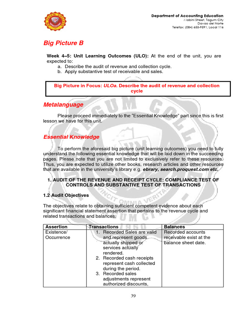 Week 4 5. ULO A. Audit of Revenue and Collection Cycle | PDF