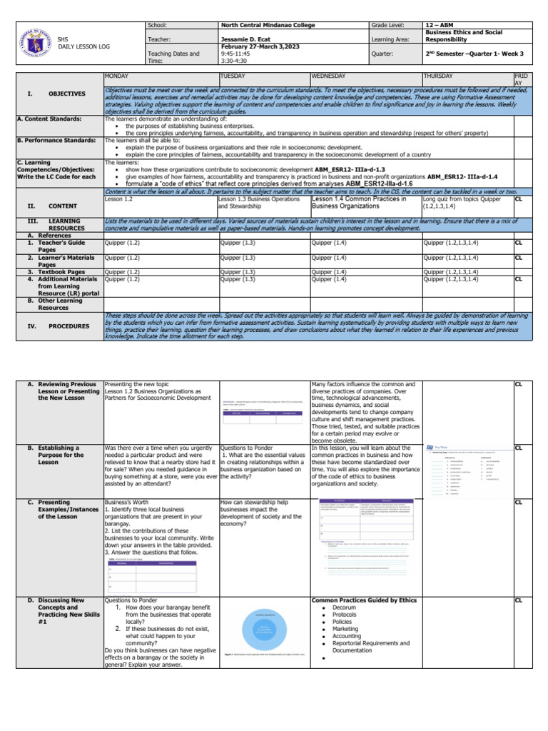 Bus.ethics q3 w3 | PDF | Learning | Teachers