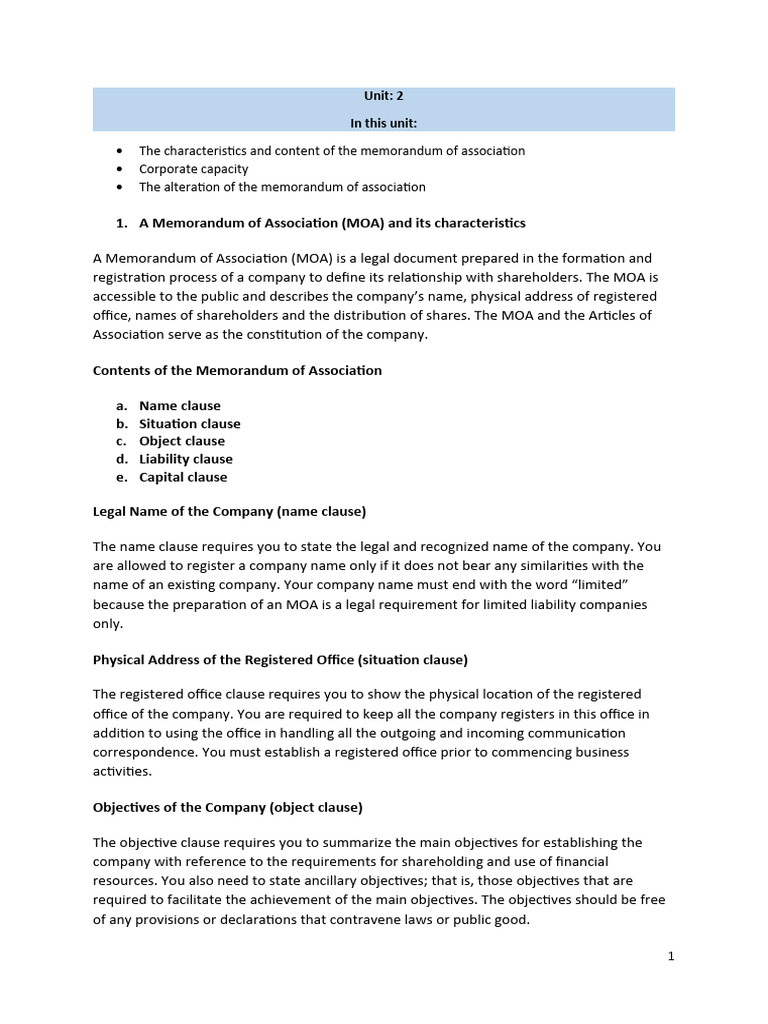 Unit 2 The Memorandum of Association | PDF | Companies | Corporations