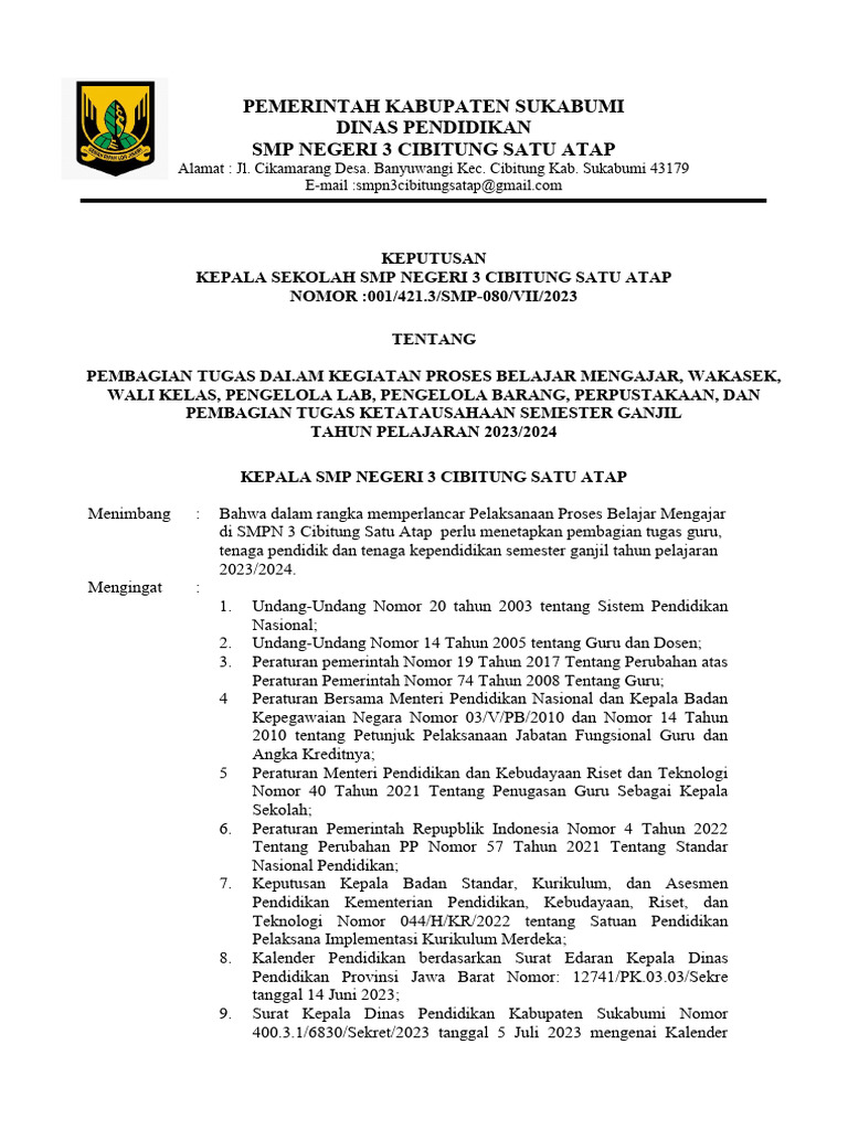 SK Pembagian Tugas Baru 2023-2024 | PDF