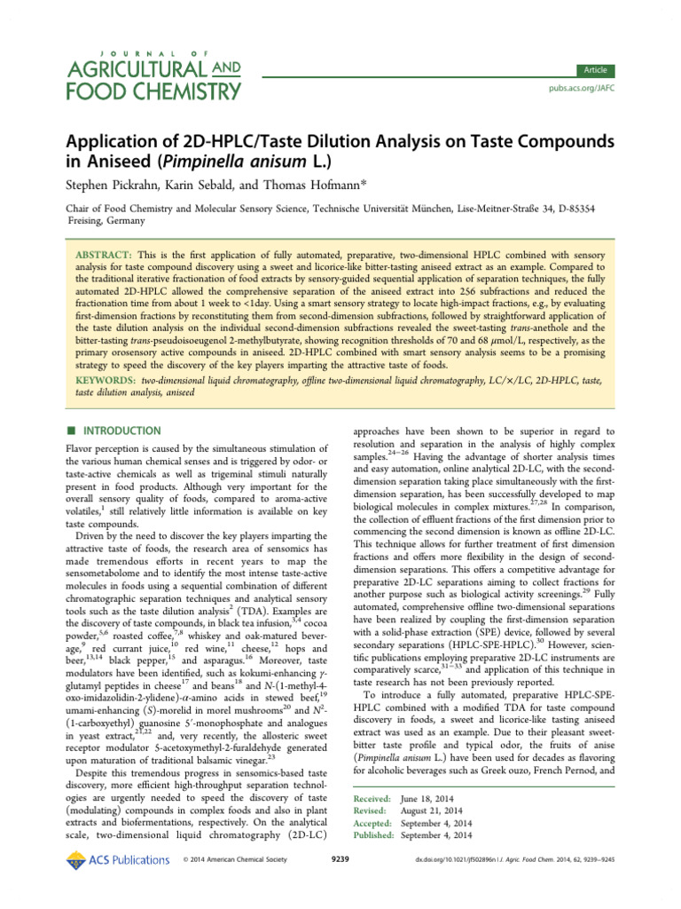 Application of 2D-HPLC-Taste Dilution Analysis On Taste Compounds in Aniseed | PDF | High ...